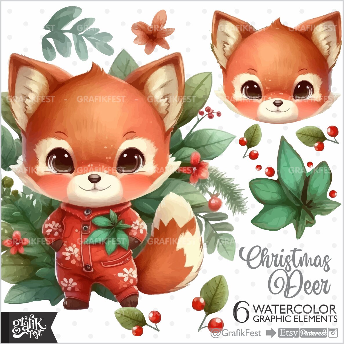 Fox Clipart, Christmas Fox, Clipart, Watercolor, Pajamas, Christmas ...