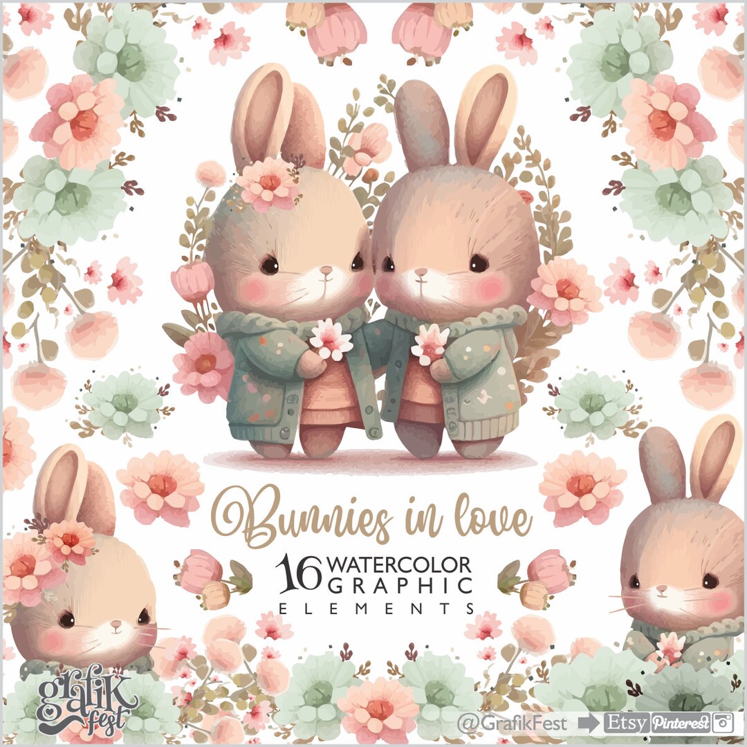 Love Bunnies, Clipart, Watercolor Clipart, Digital, Valentines Day ...