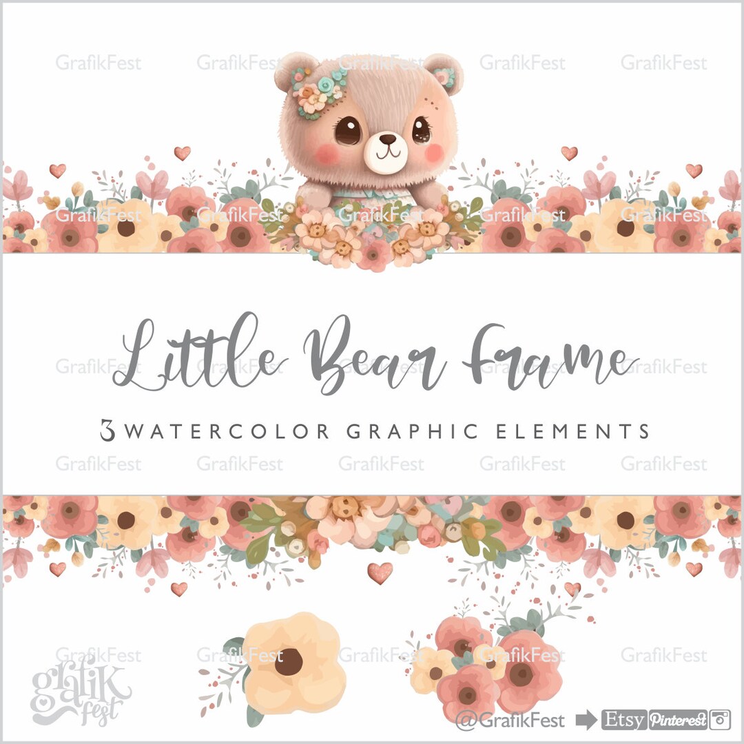 Bear Frame, Floral Frame, Greenery Frame, Invite Card, Digital Bear ...