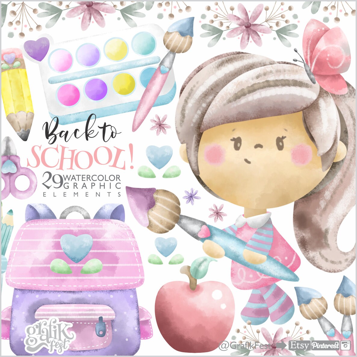 Back to School, Watercolor, Student Watercolor, School Supplies, Girl ...