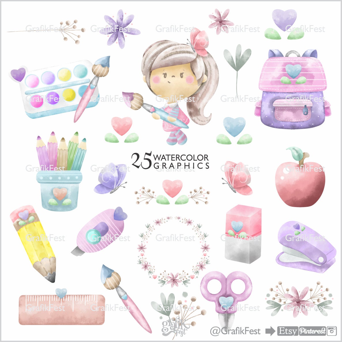 Back to School, Watercolor, Student Watercolor, School Supplies, Girl ...