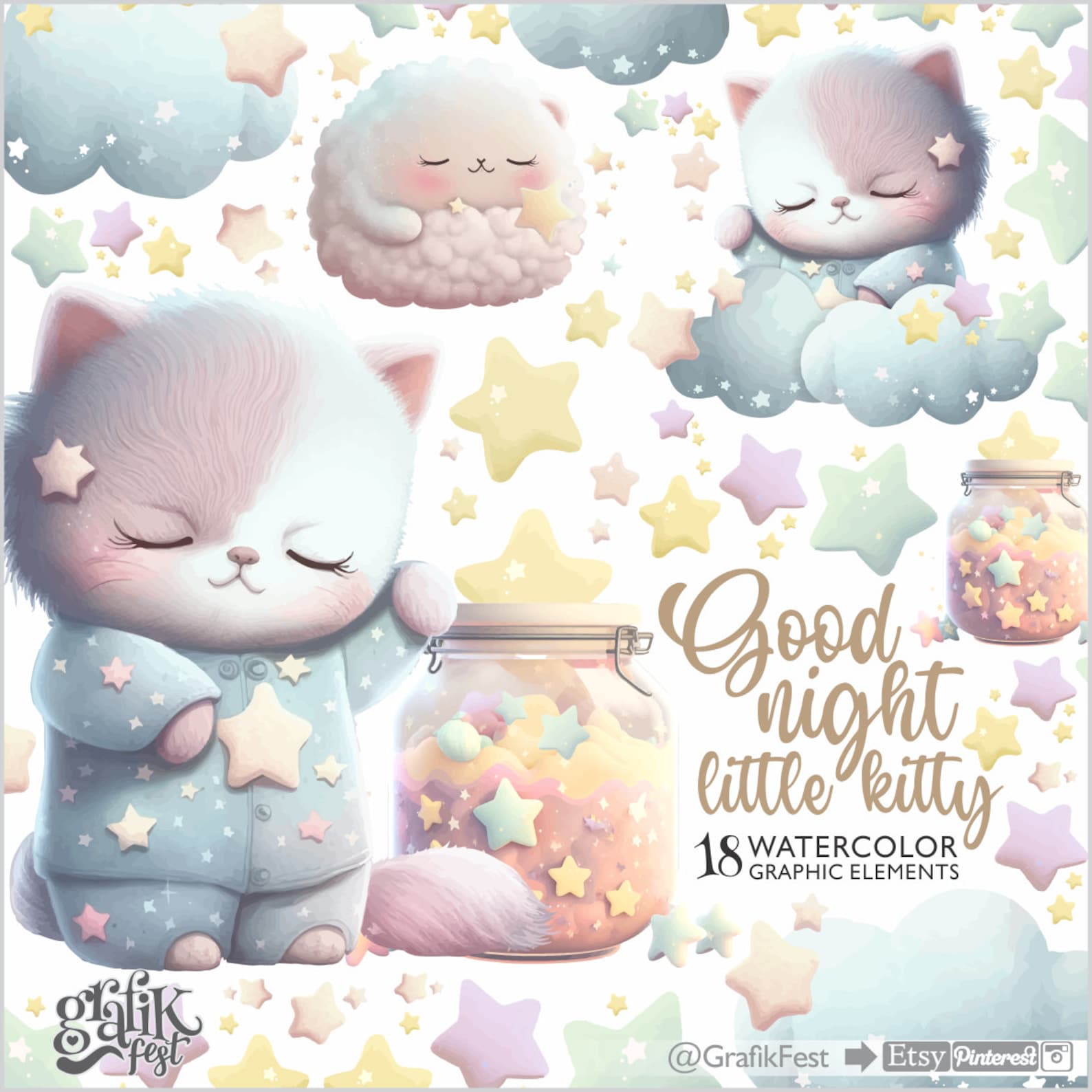 Cat Clipart, Sleeping Cat, Cat Watercolor, Good Night Clip Art, Sweet ...