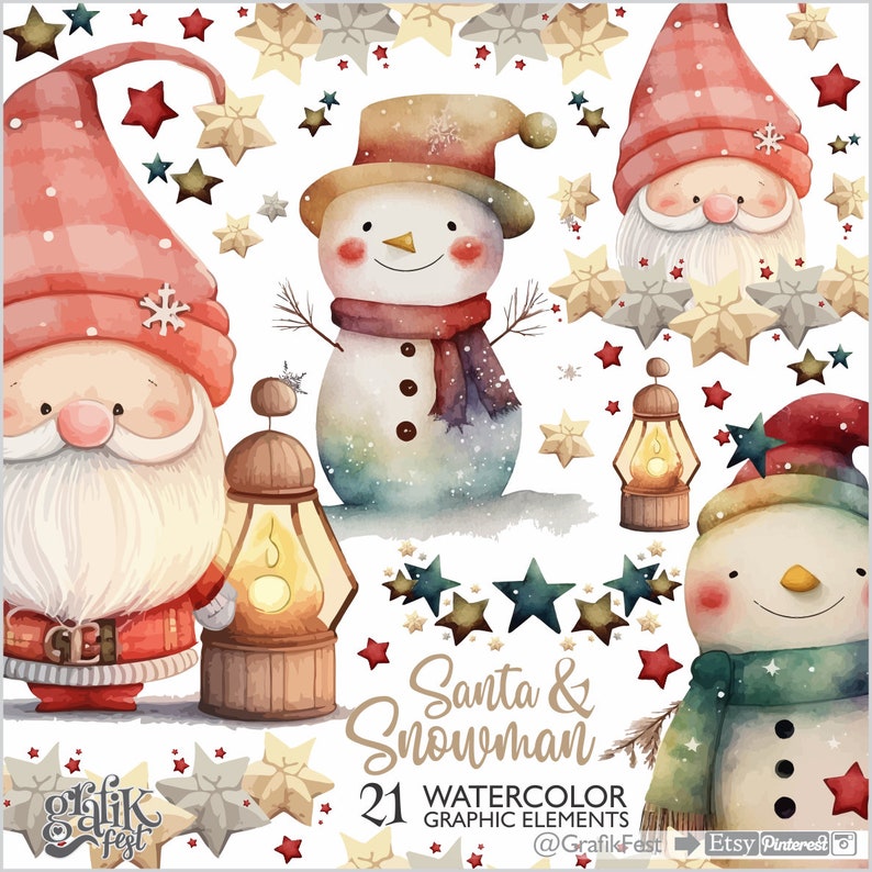 Santa Claus Clipart Snowman Clipart Watercolor Christmas - Etsy