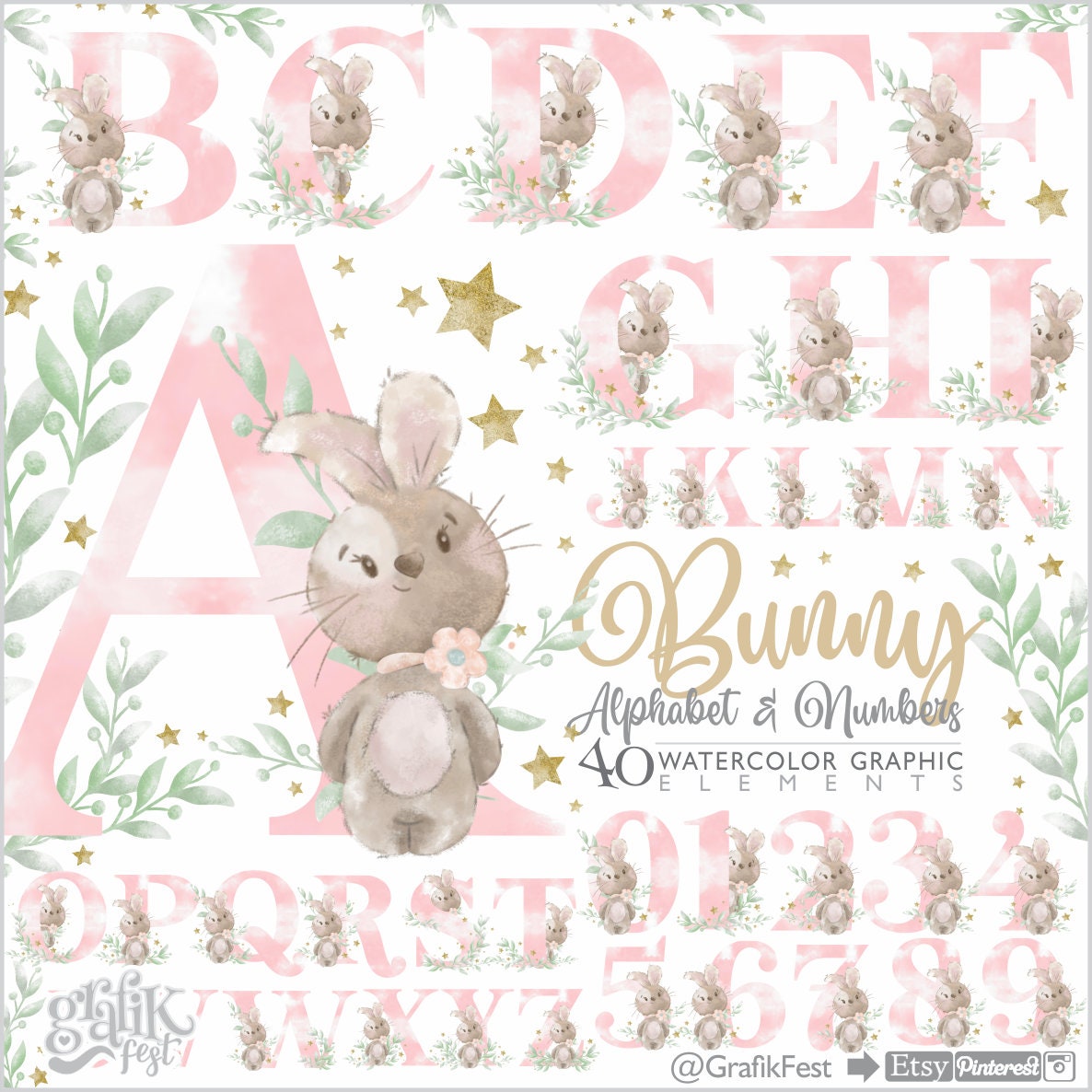 Bunny Alphabet Watercolor Alphabet Clipart Number - Etsy