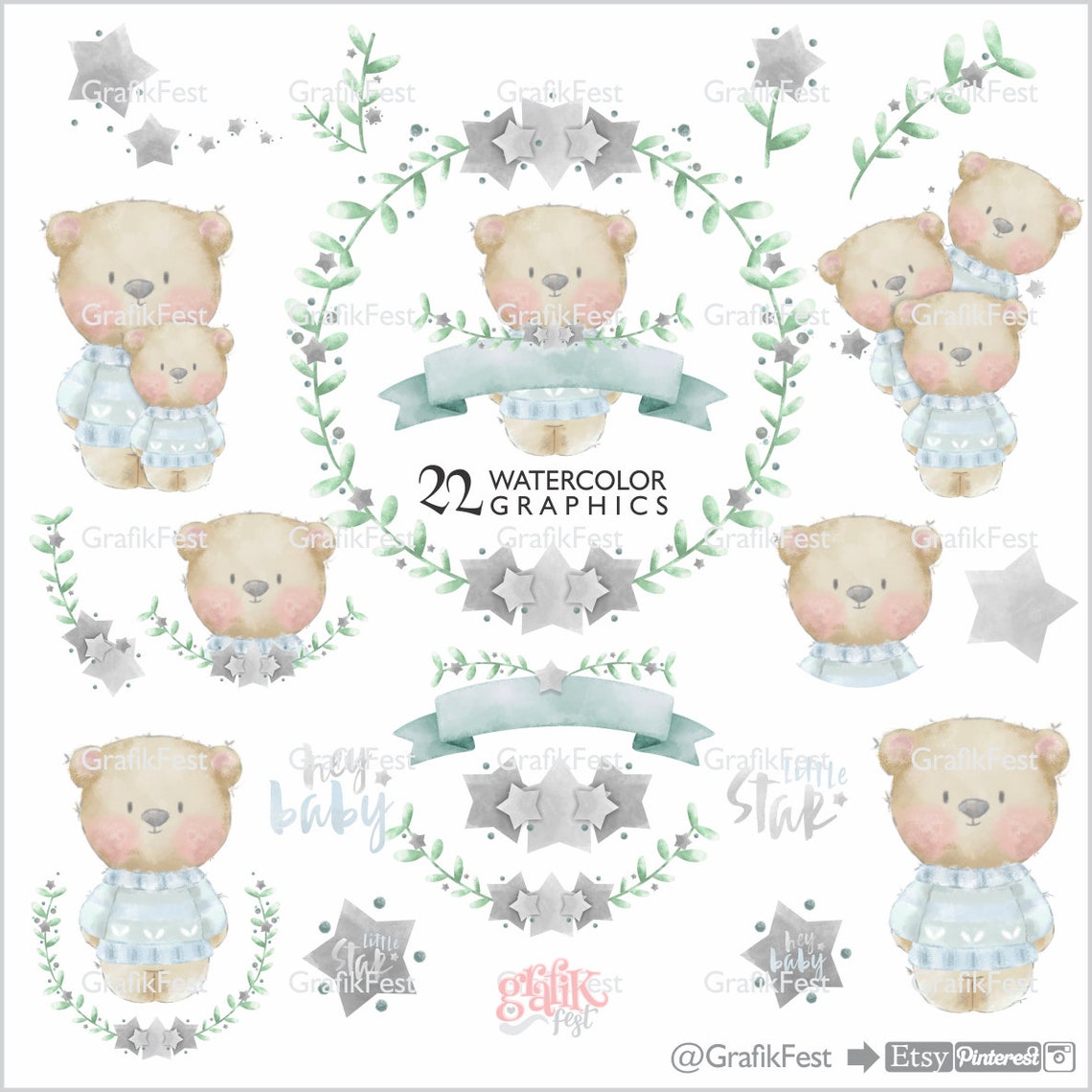 Bear Clipart Bear Watercolor Baby Bear Clipart Father - Etsy