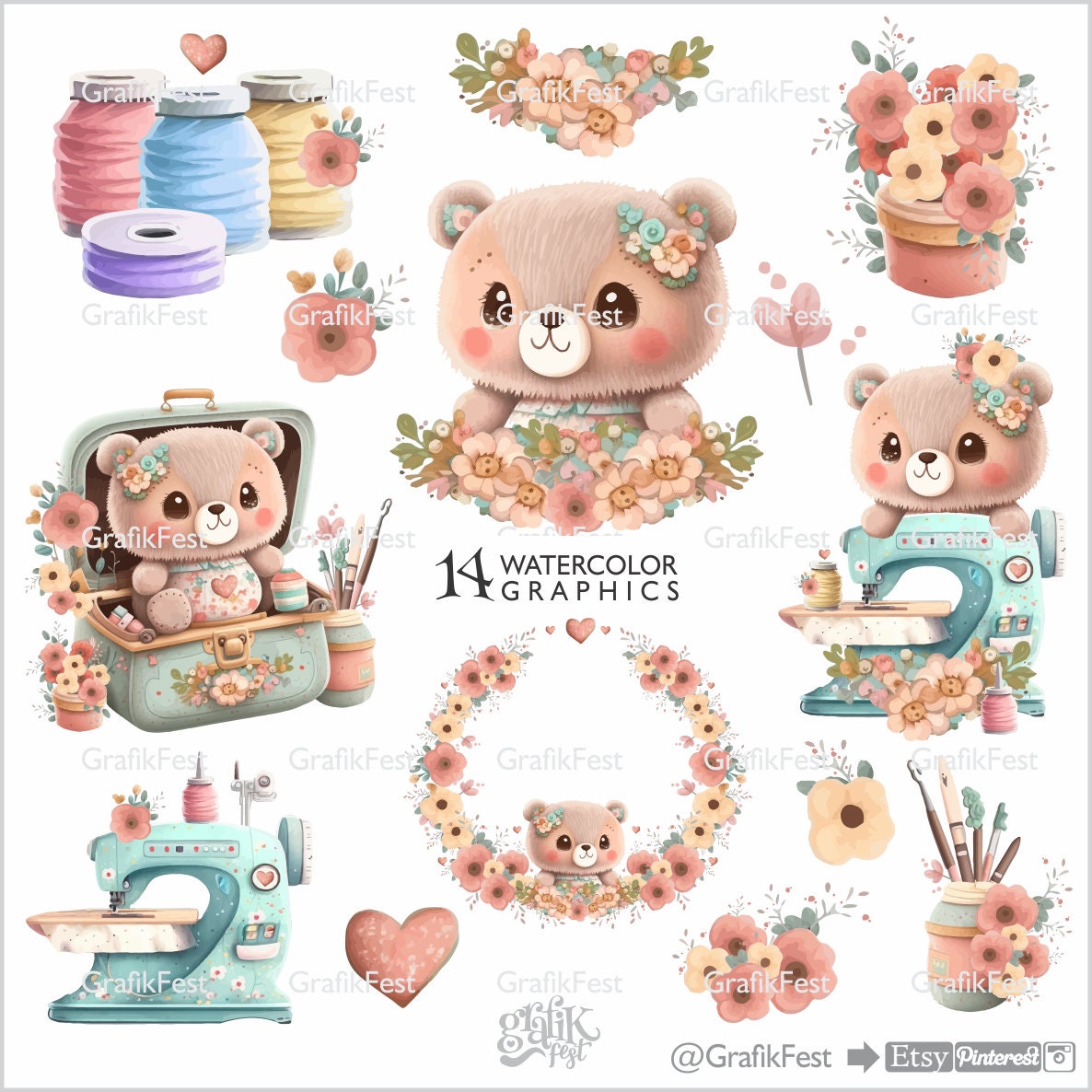 Crafty Bear Clipart Bear Clipart Sewing Clipart Craft - Etsy