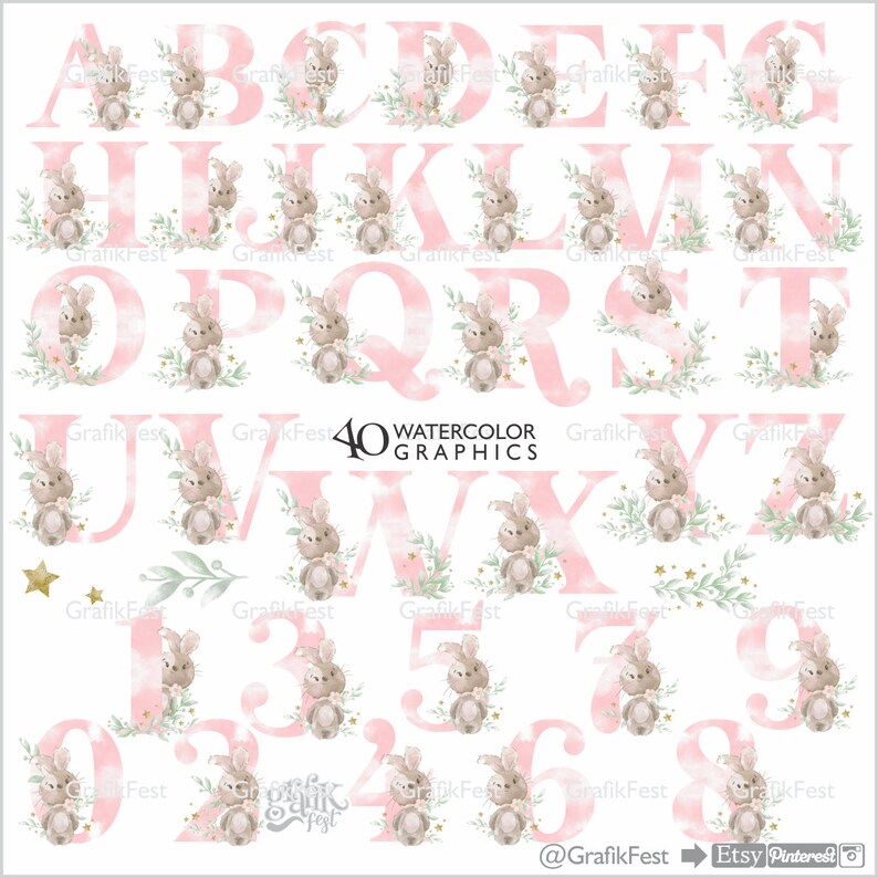 Bunny Alphabet Watercolor Alphabet Clipart Number - Etsy