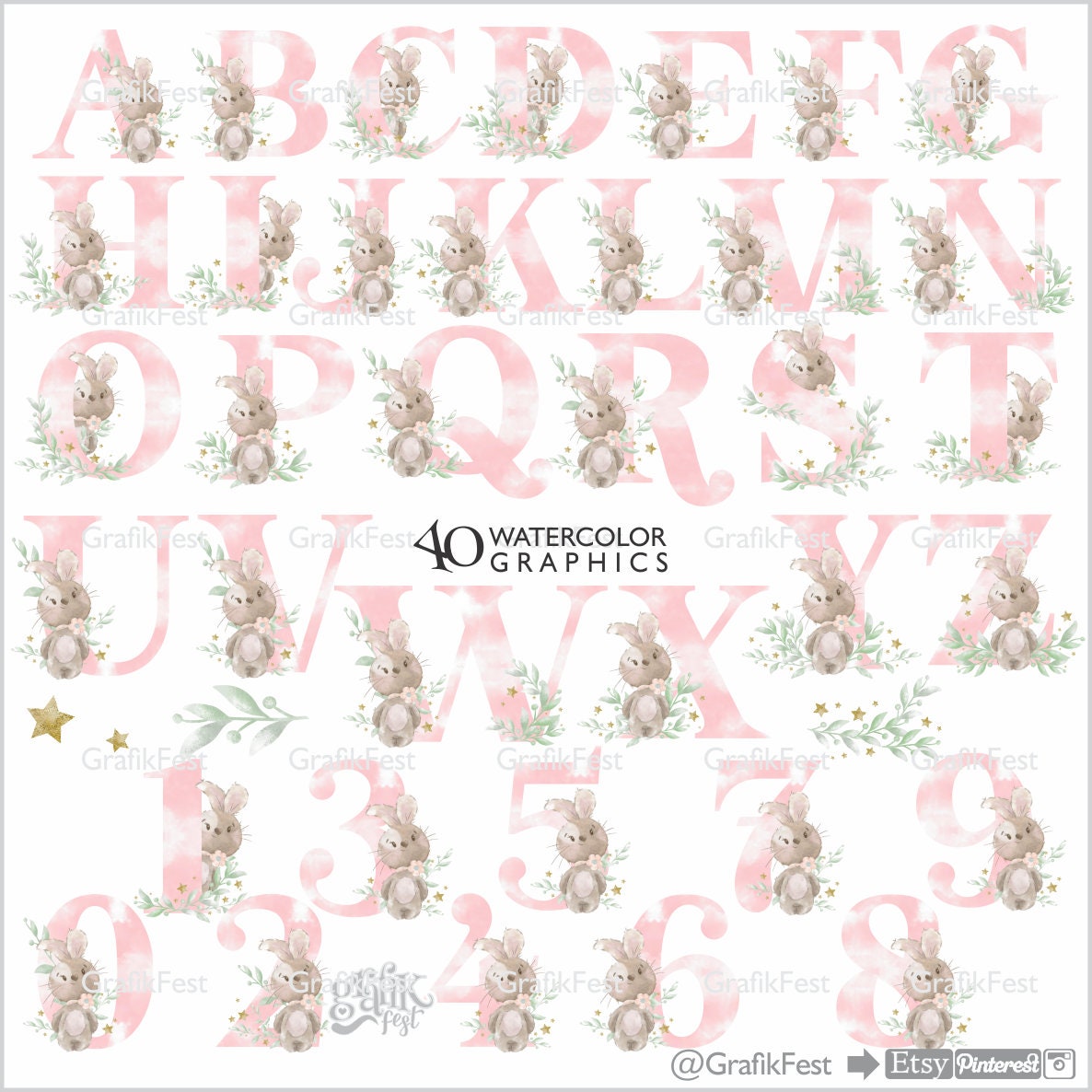 Bunny Alphabet Watercolor Alphabet Clipart Number - Etsy