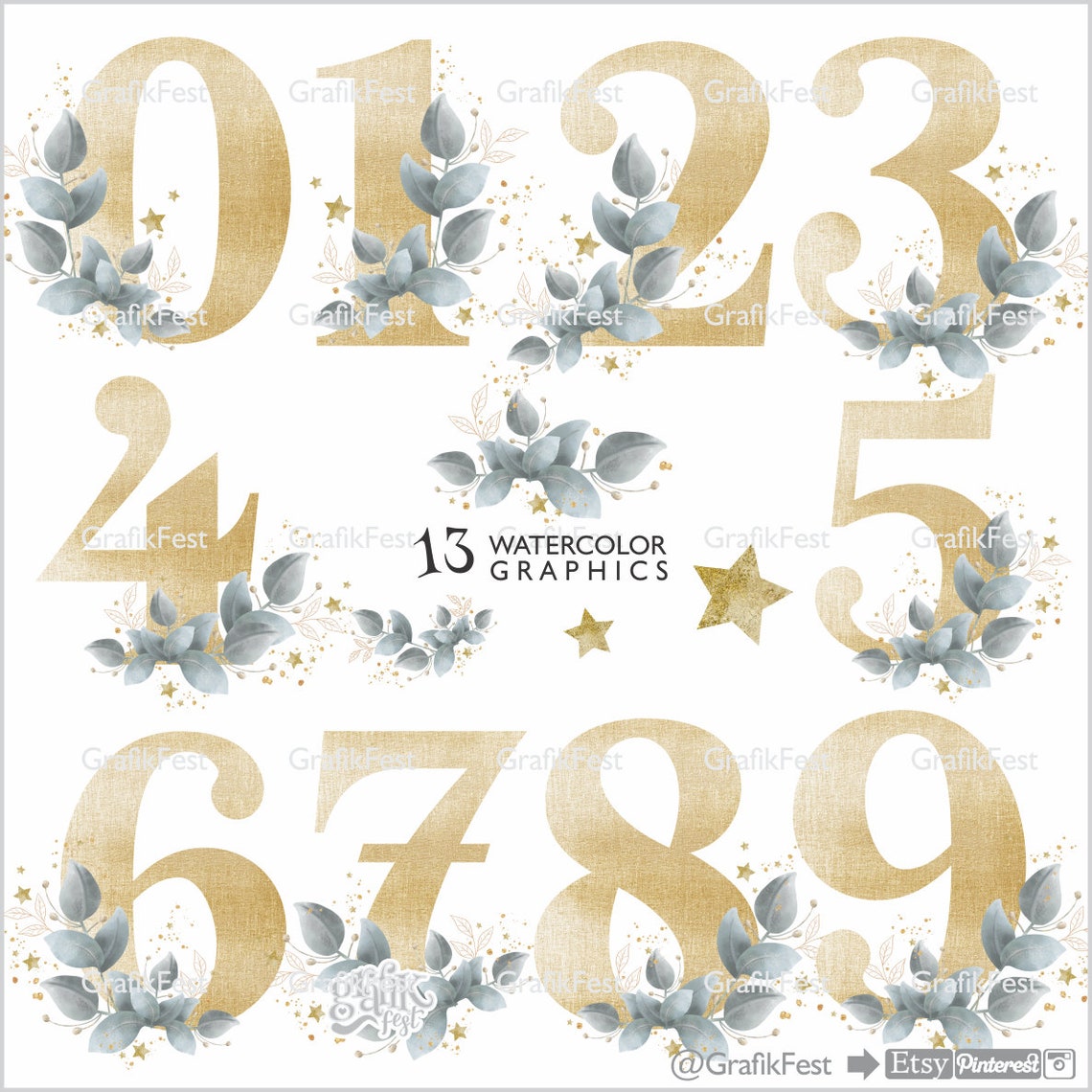 Numbers Watercolor Eucalyptus Numbers Numbers Foliage - Etsy