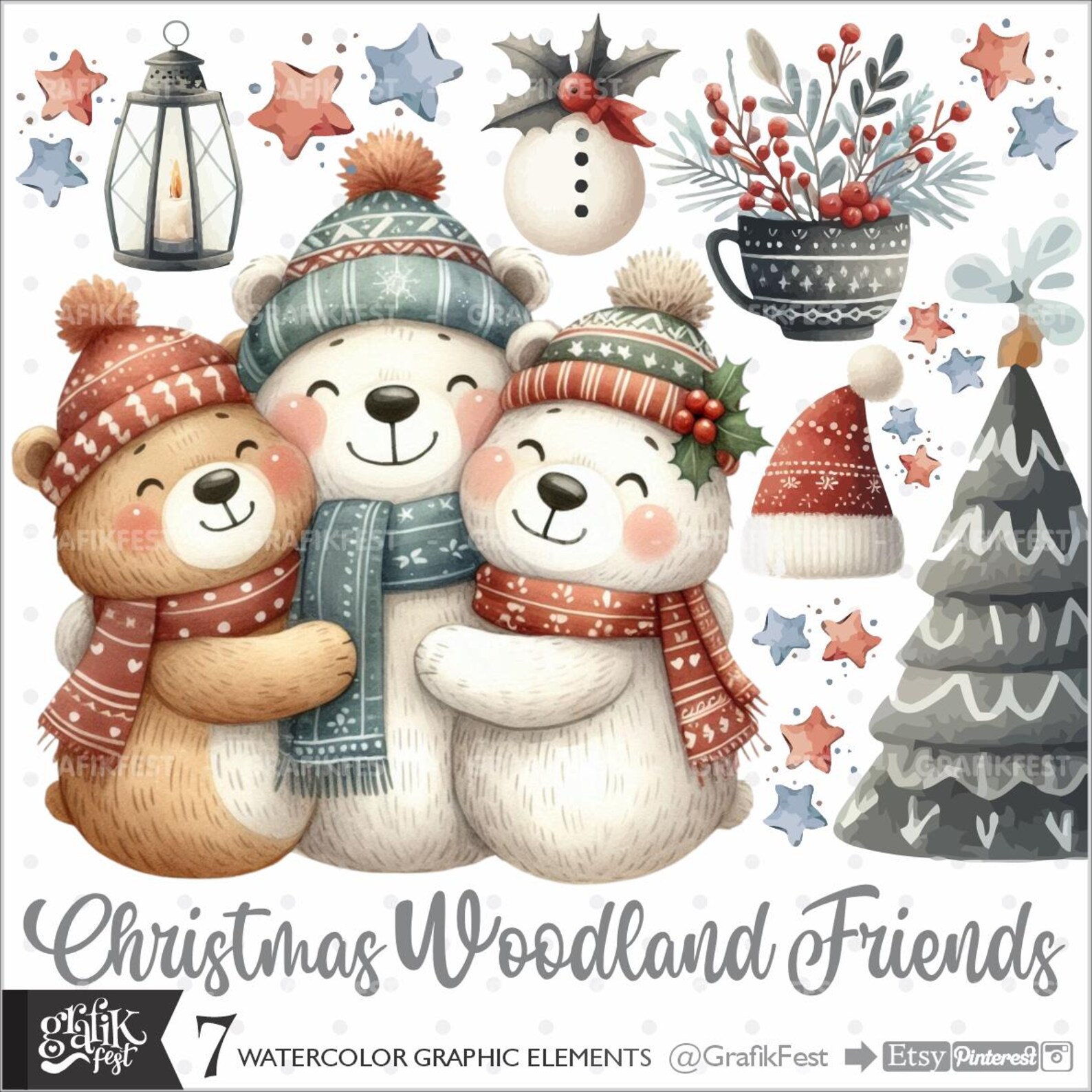 Winter Clipart, Winter Bears, Christmas Clipart, Watercolor, Christmas ...