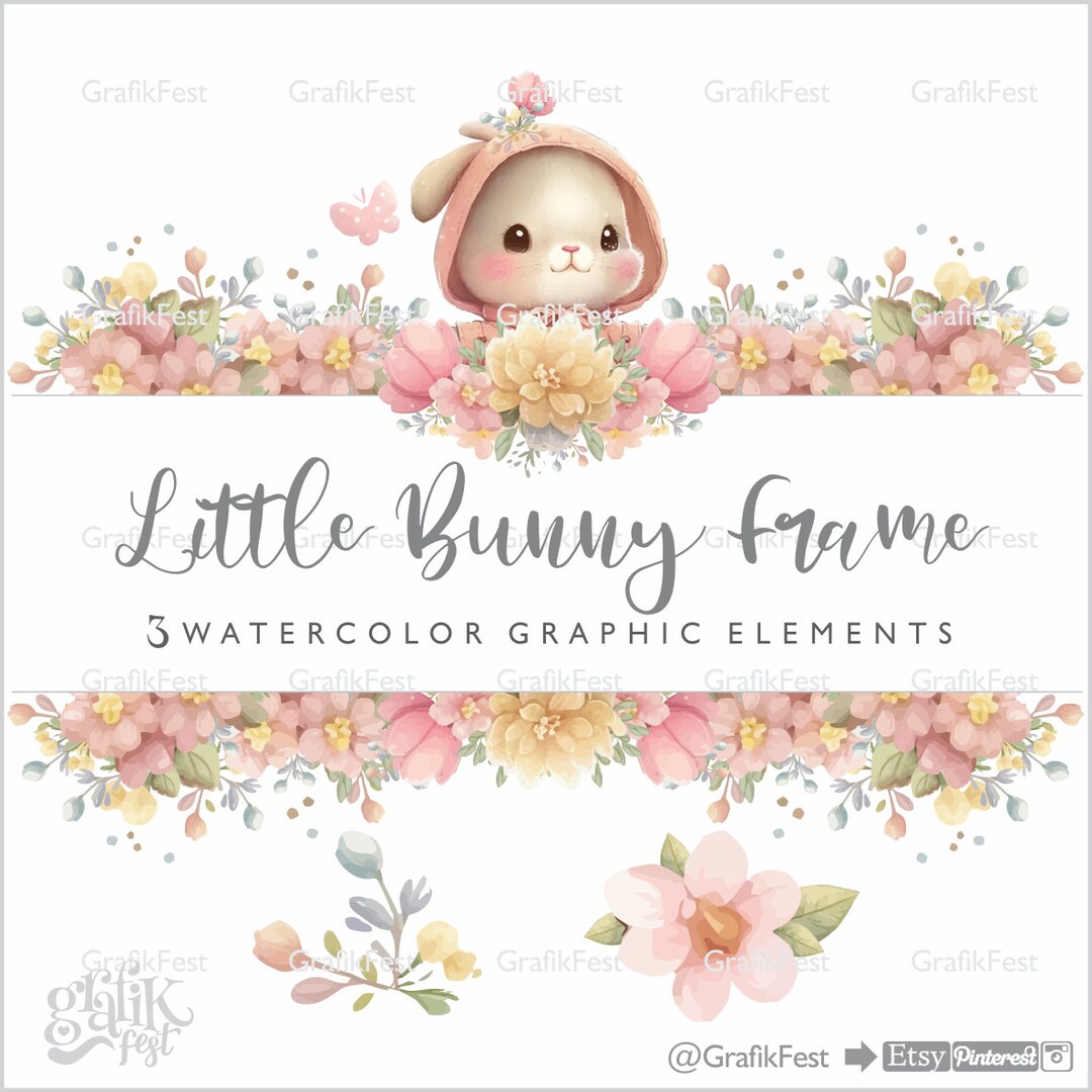 Bunny Frame, Floral Frame, Greenery Frame, Invite Card, Digital Rabbit ...