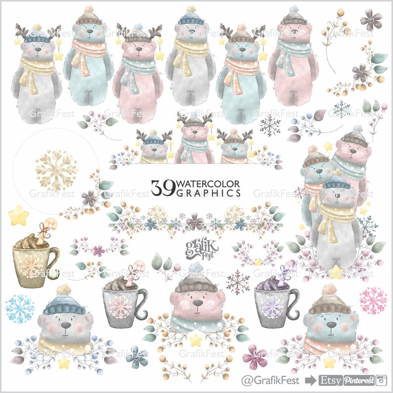 Winter Clipart Watercolor Clipart COMMERCIAL USE Bear - Etsy