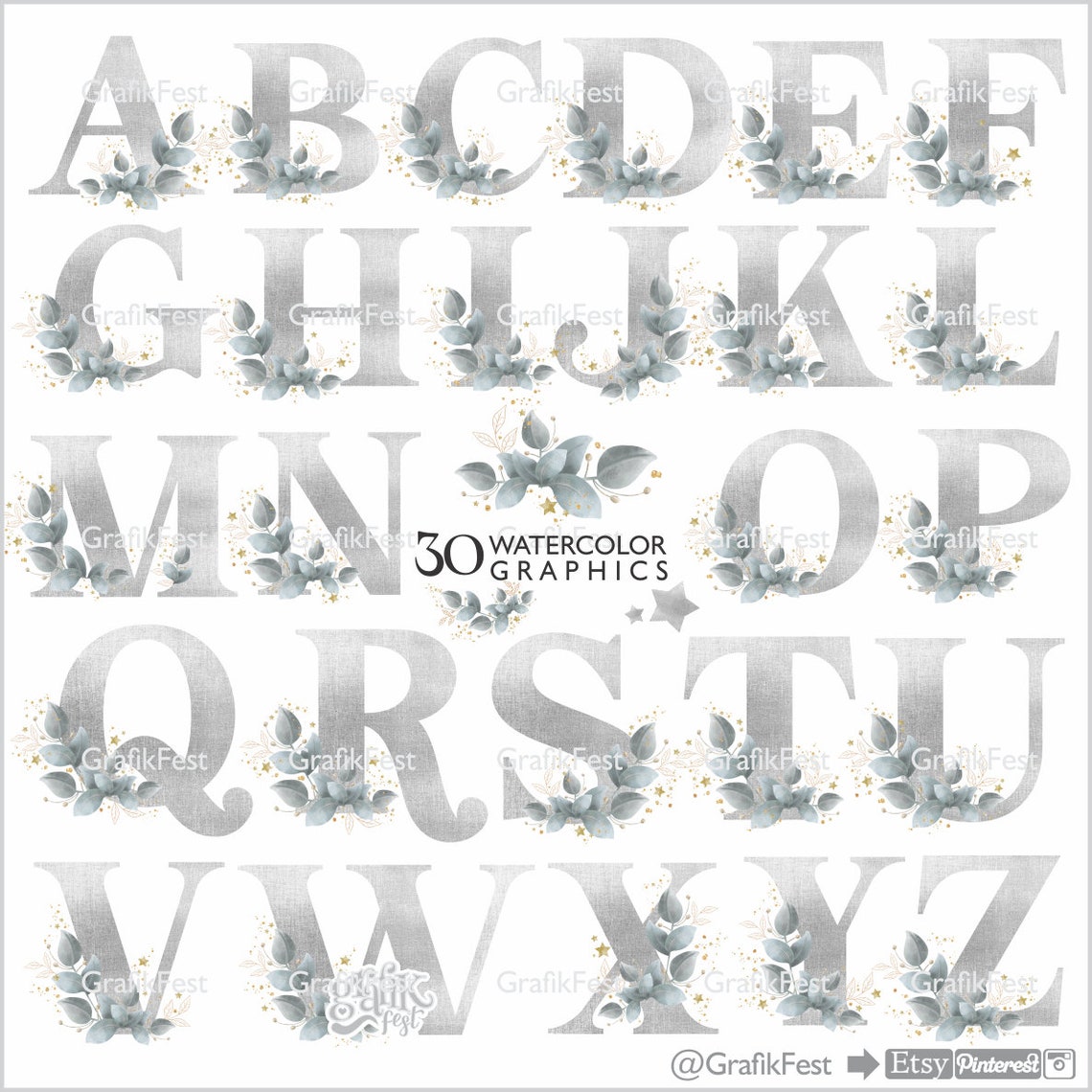 Alphabet Watercolor Eucalyptus Alphabet Alphabet Foliage - Etsy