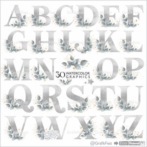 Alphabet Watercolor, Eucalyptus Alphabet, Alphabet Foliage, Silver Alphabet, Monogram Clipart ...