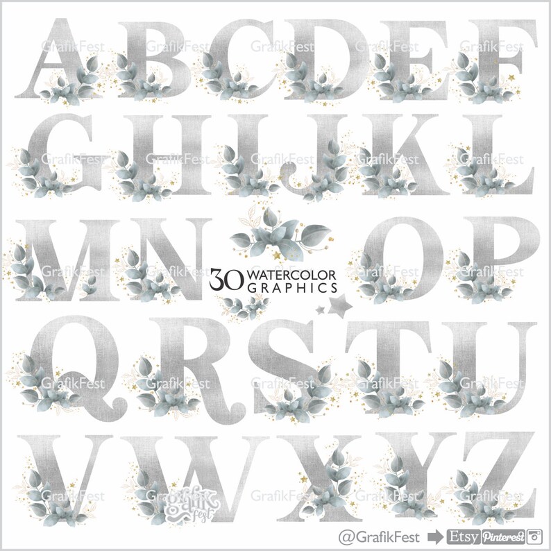 Alphabet Watercolor Eucalyptus Alphabet Alphabet Foliage - Etsy