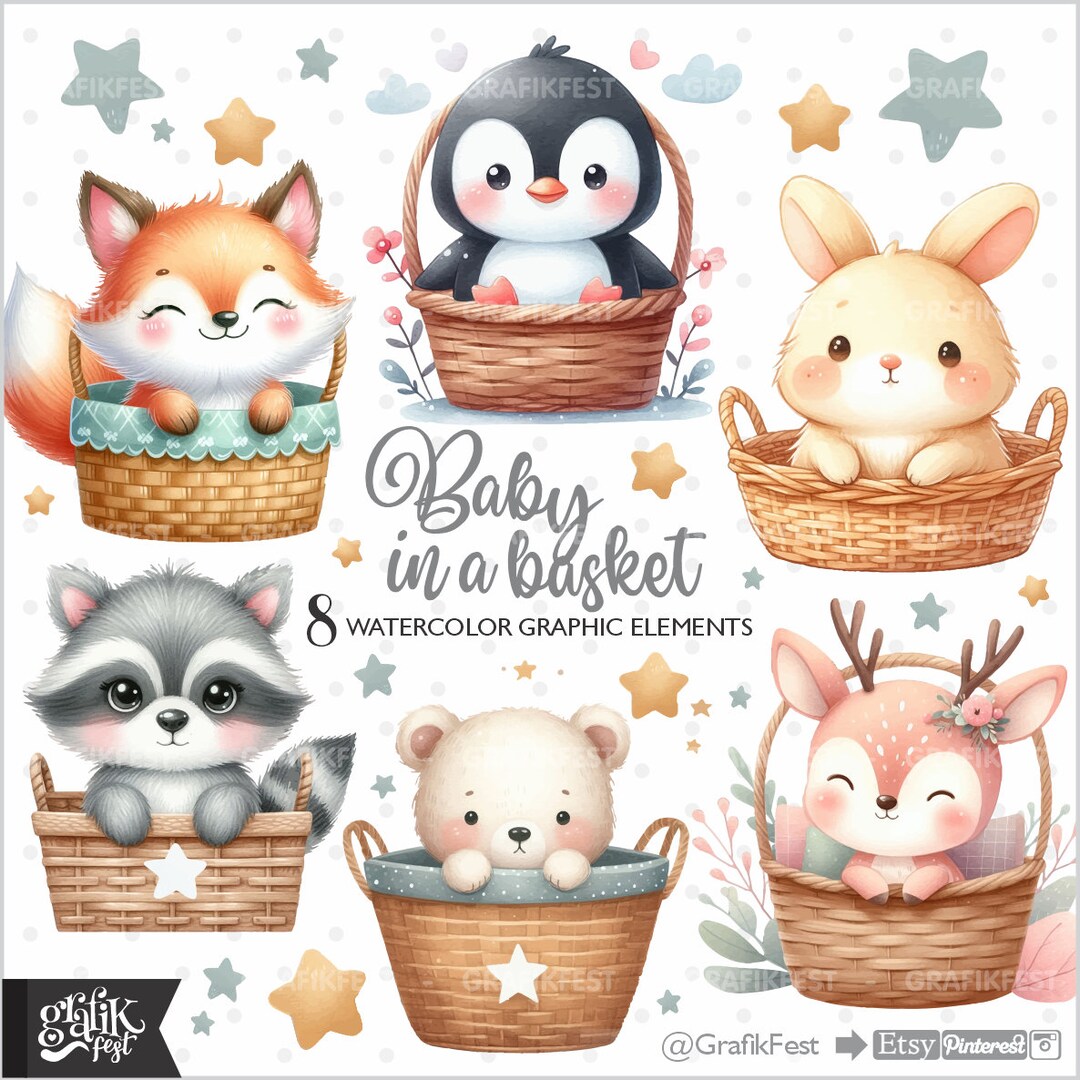 Baby Clipart, Baby in a Basket, Watercolor, New Born, Welcome Baby ...