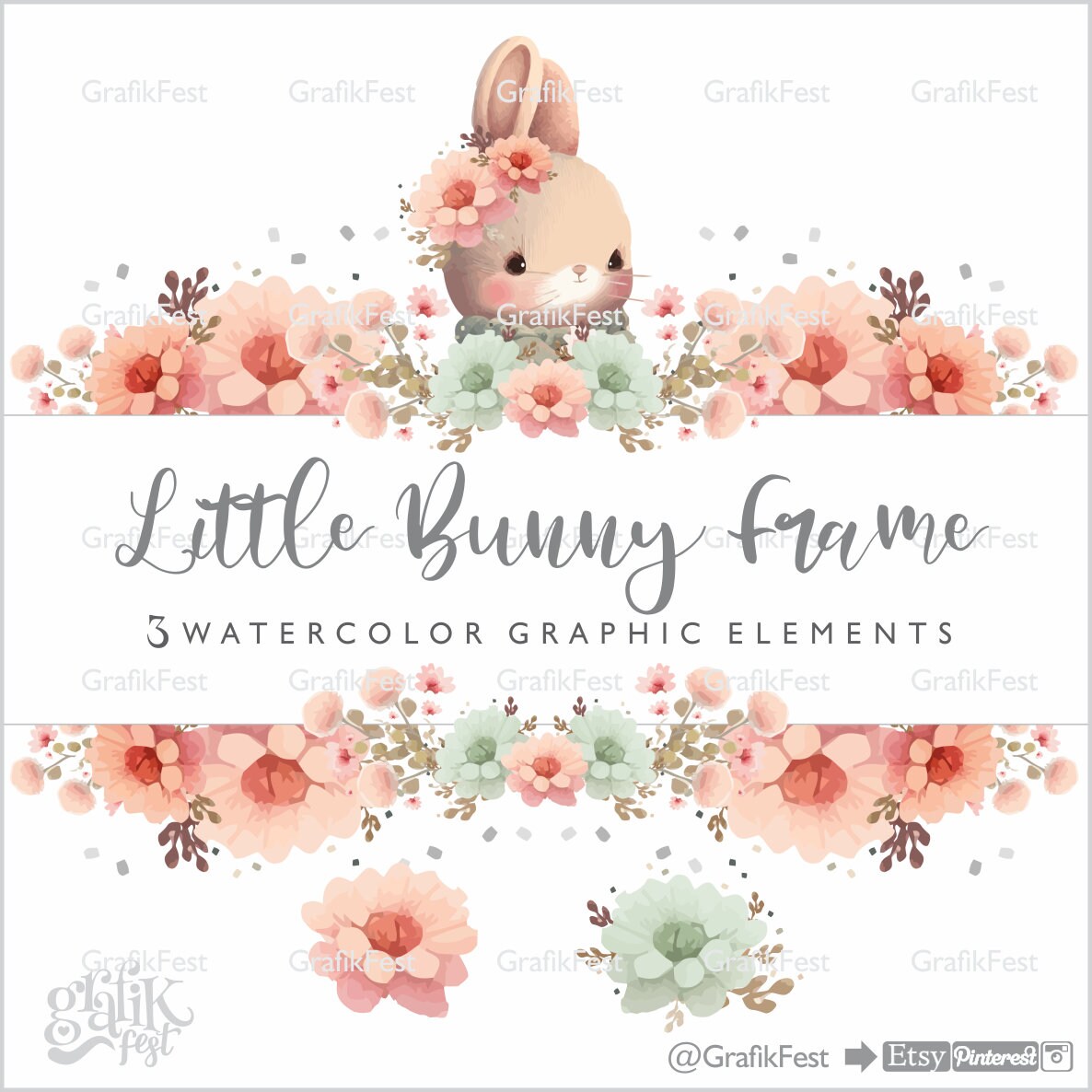 Bunny Frame, Floral Frame, Greenery Frame, Invite Card, Digital Rabbit ...