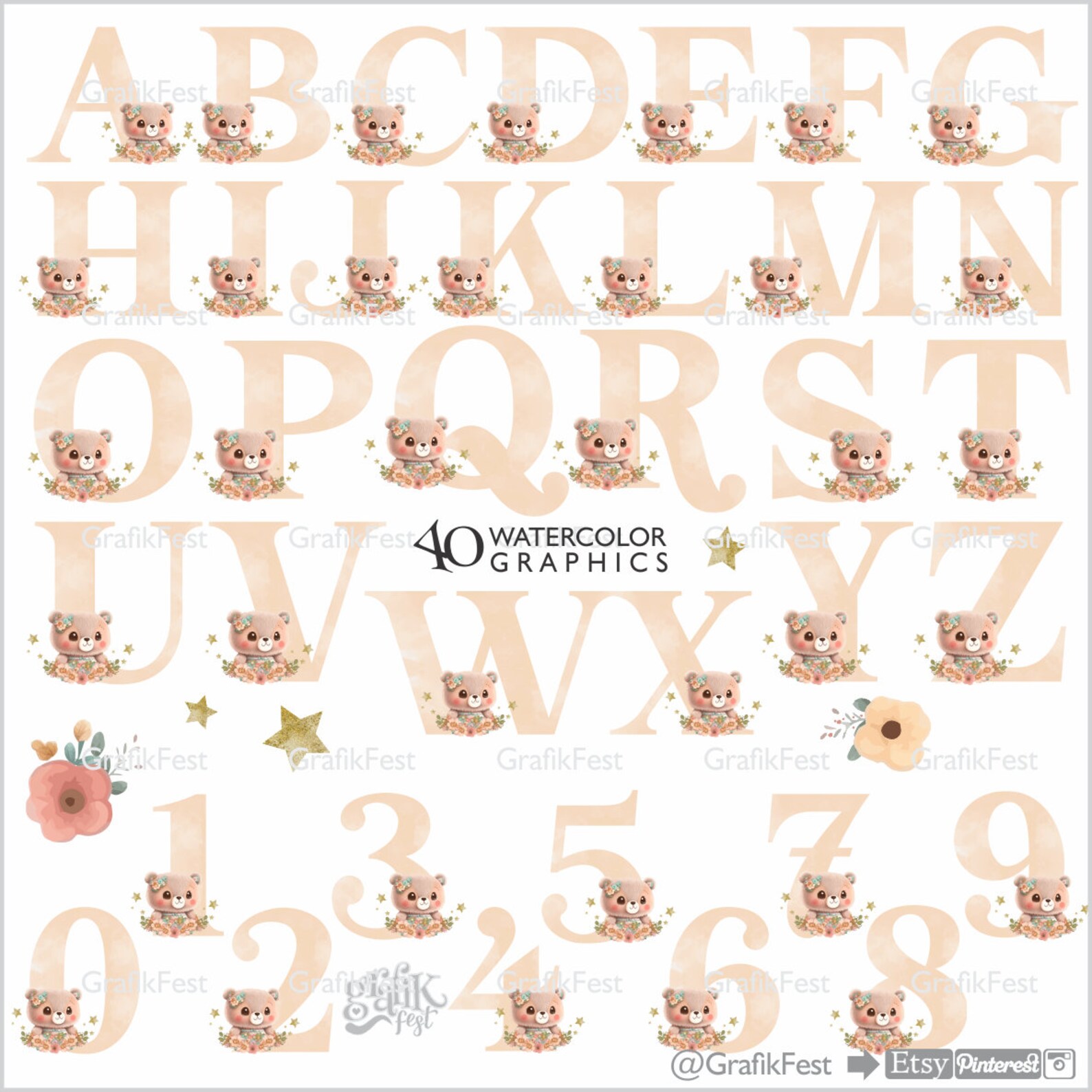 Bear Alphabet, Watercolor, Alphabet Clipart, Number Watercolor ...
