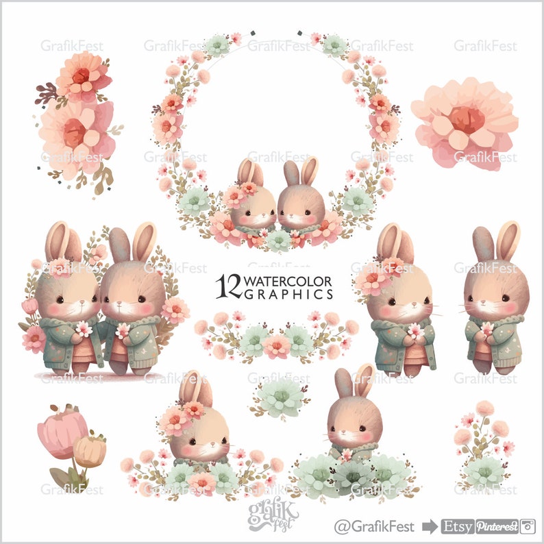 Love Bunnies Clipart Watercolor Clipart Digital Valentines - Etsy