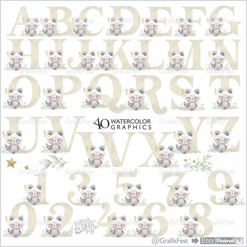 Raccoon Alphabet, Watercolor, Alphabet Clipart, Number Watercolor ...