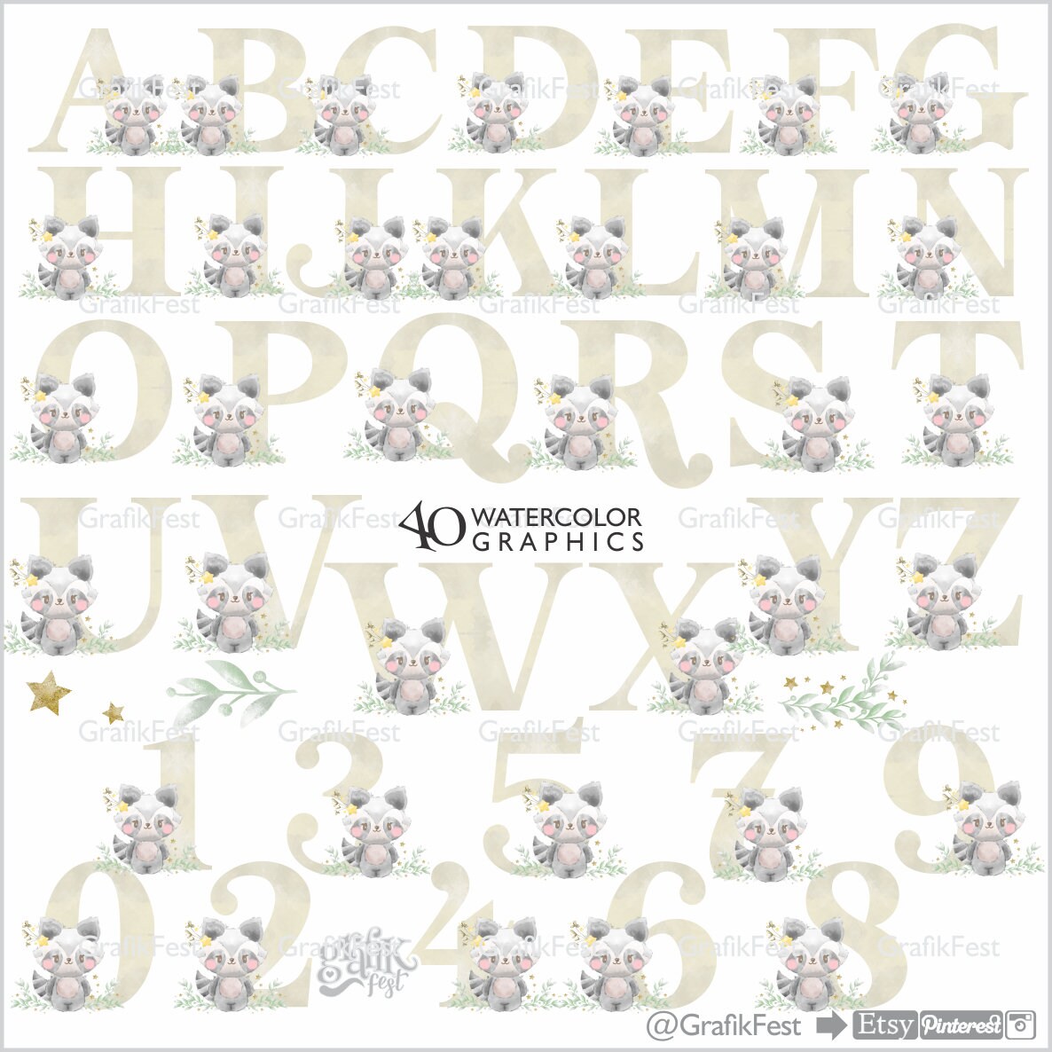 Raccoon Alphabet, Watercolor, Alphabet Clipart, Number Watercolor ...