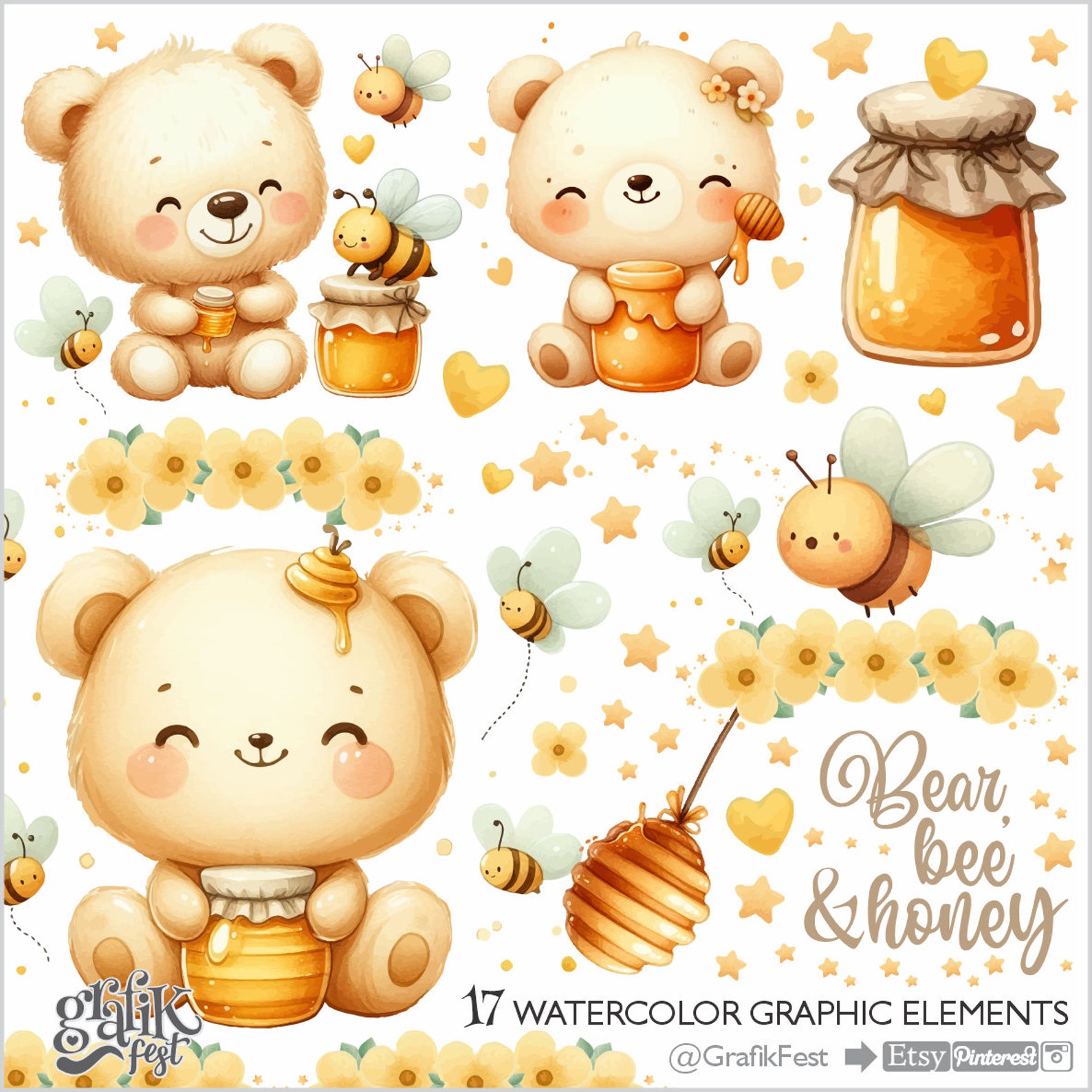 Bee Clipart, Honey Clipart, Bear Clipart, PNG, Cute Illustrations, Bear ...
