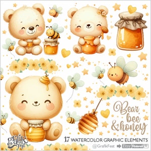 Bee Clipart, Honey Clipart, Bear Clipart, PNG, Cute Illustrations, Bear ...