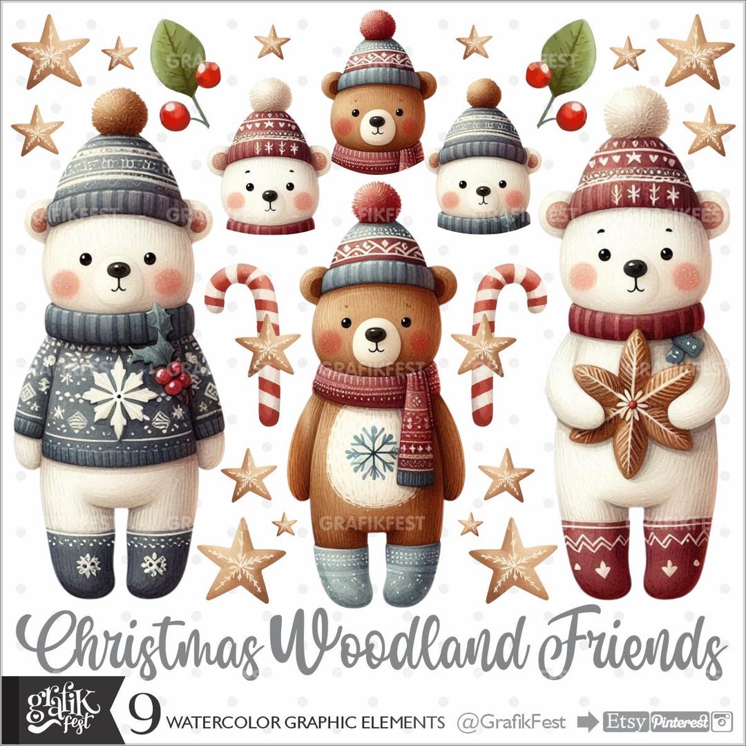 Winter Clipart, Winter Bears, Christmas Clipart, Watercolor, Christmas ...