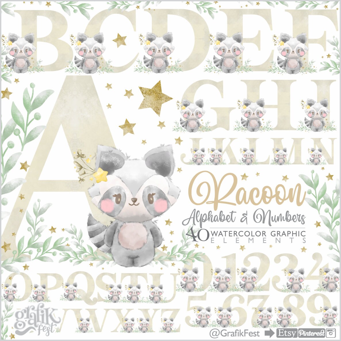 Raccoon Alphabet, Watercolor, Alphabet Clipart, Number Watercolor ...