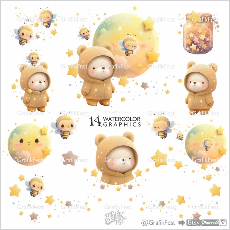 Bear Clipart Bee Clipart Watercolor Good Night Clip Art - Etsy