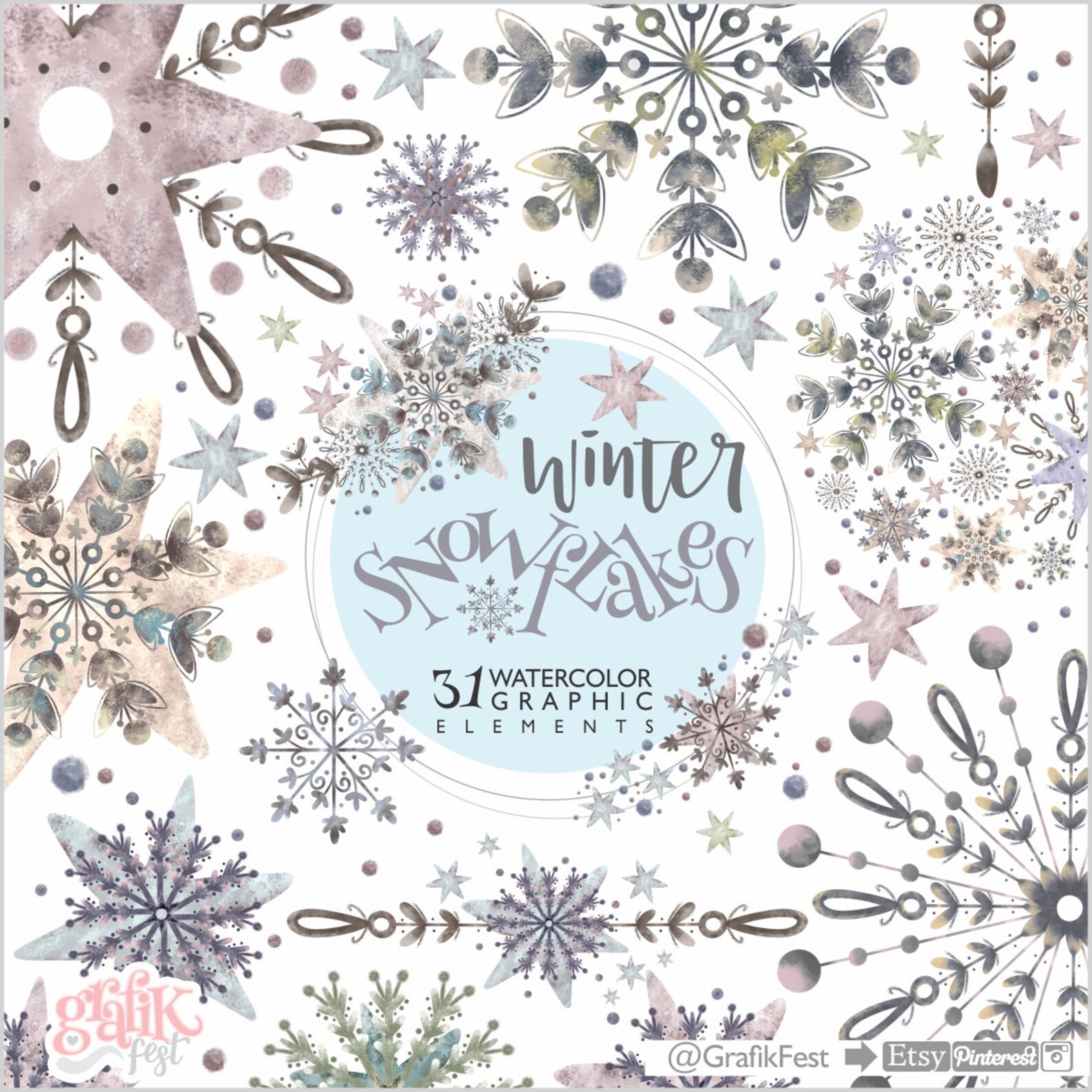 Watercolor Snow Flake Clipart, Winter Clipart, COMMERCIAL USE ...