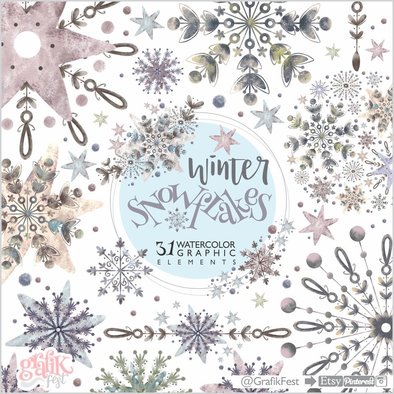 Watercolor Snow Flake Clipart, Winter Clipart, COMMERCIAL USE ...