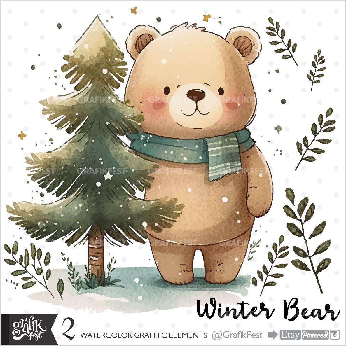 Winter Bear, Christmas Bear, Winter Clipart, Watercolor, Christmas ...