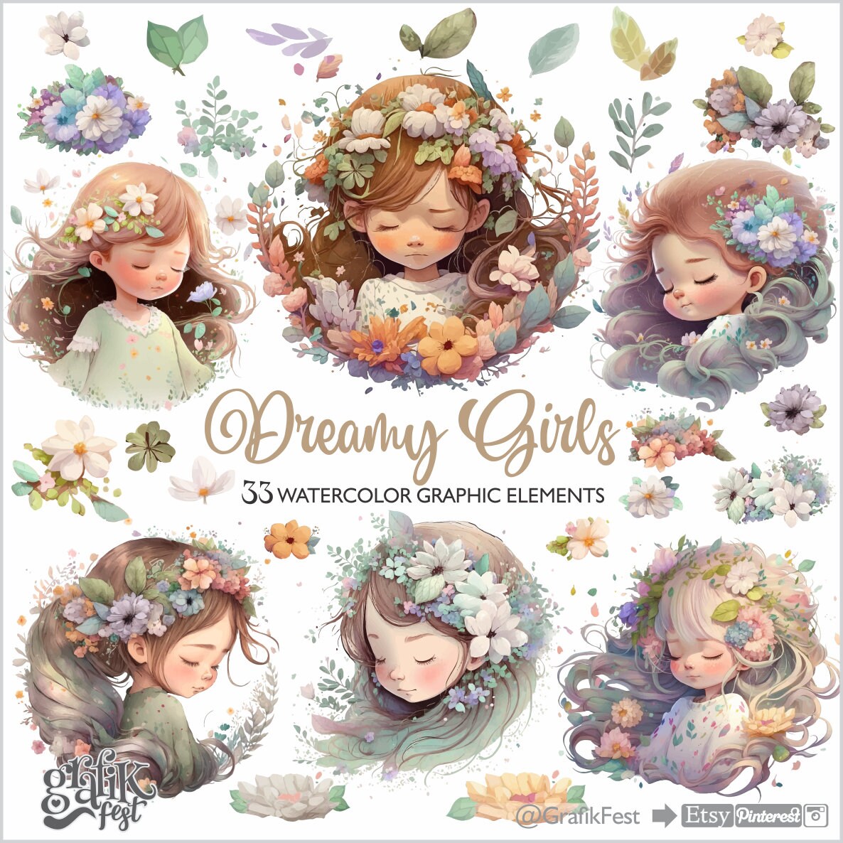 Floral Girls Watercolor Clipart Png Girl Clipart Girl - Etsy