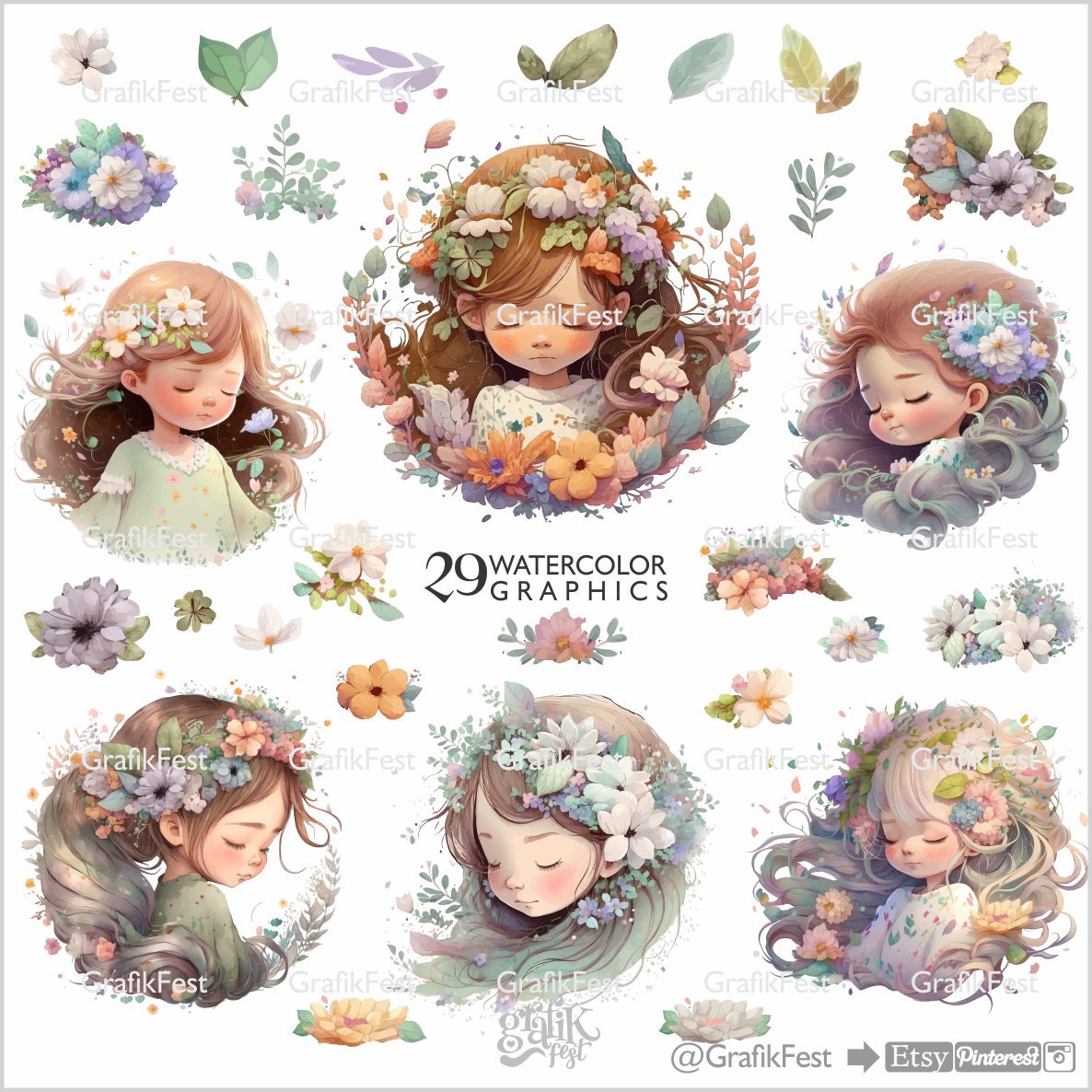 Floral Girls Watercolor Clipart Png Girl Clipart Girl - Etsy