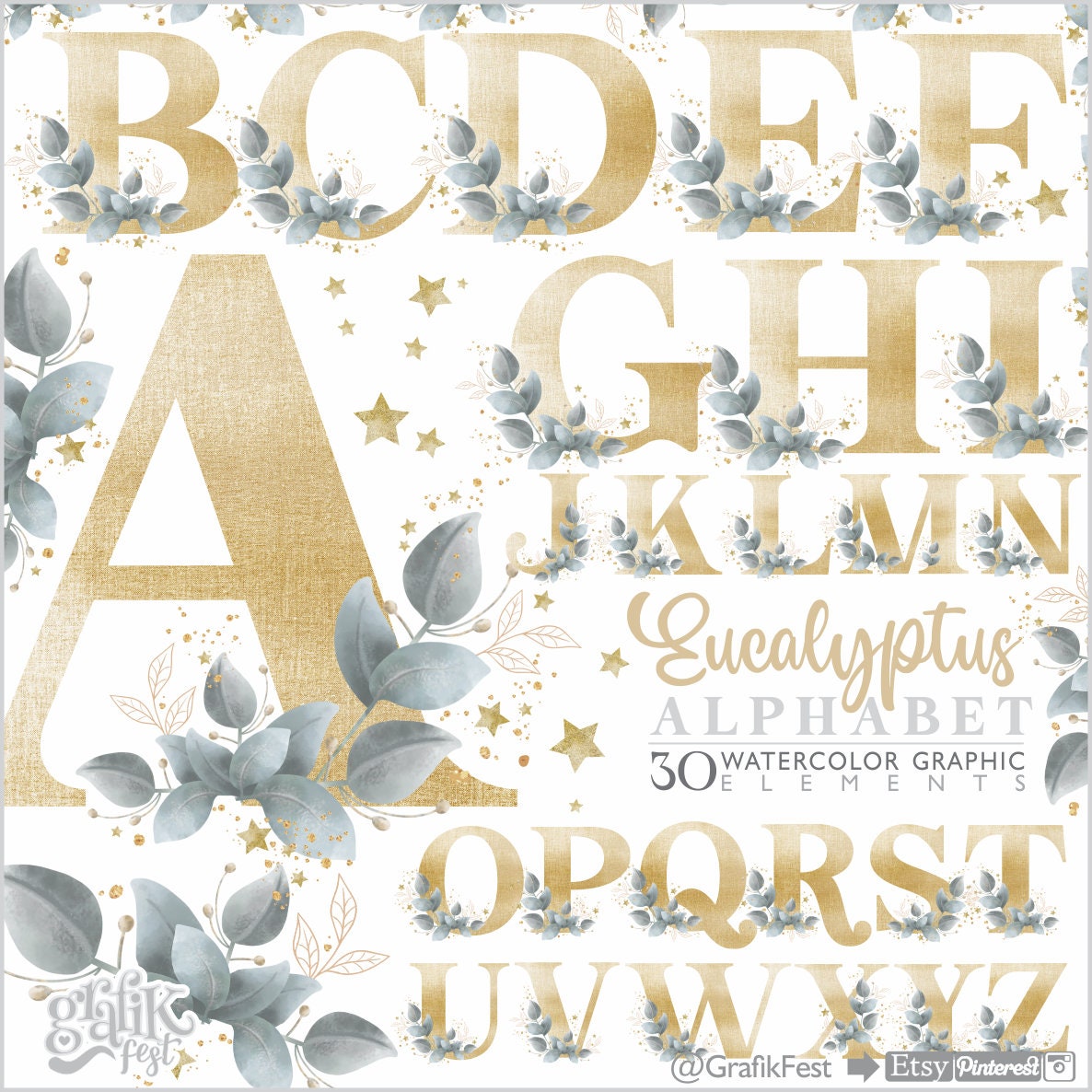 Alphabet Watercolor, Eucalyptus Alphabet, Alphabet Foliage, Golden ...