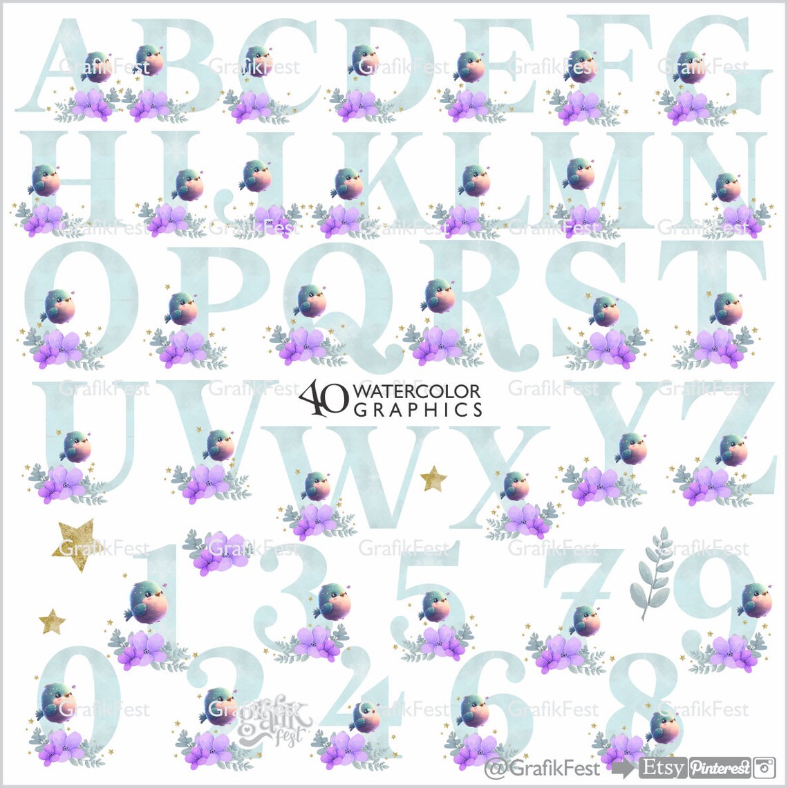 Bird Alphabet Watercolor Alphabet Clipart Number - Etsy