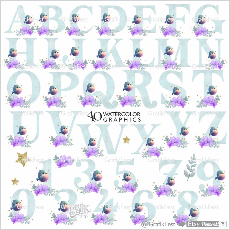 Bird Alphabet Watercolor Alphabet Clipart Number - Etsy