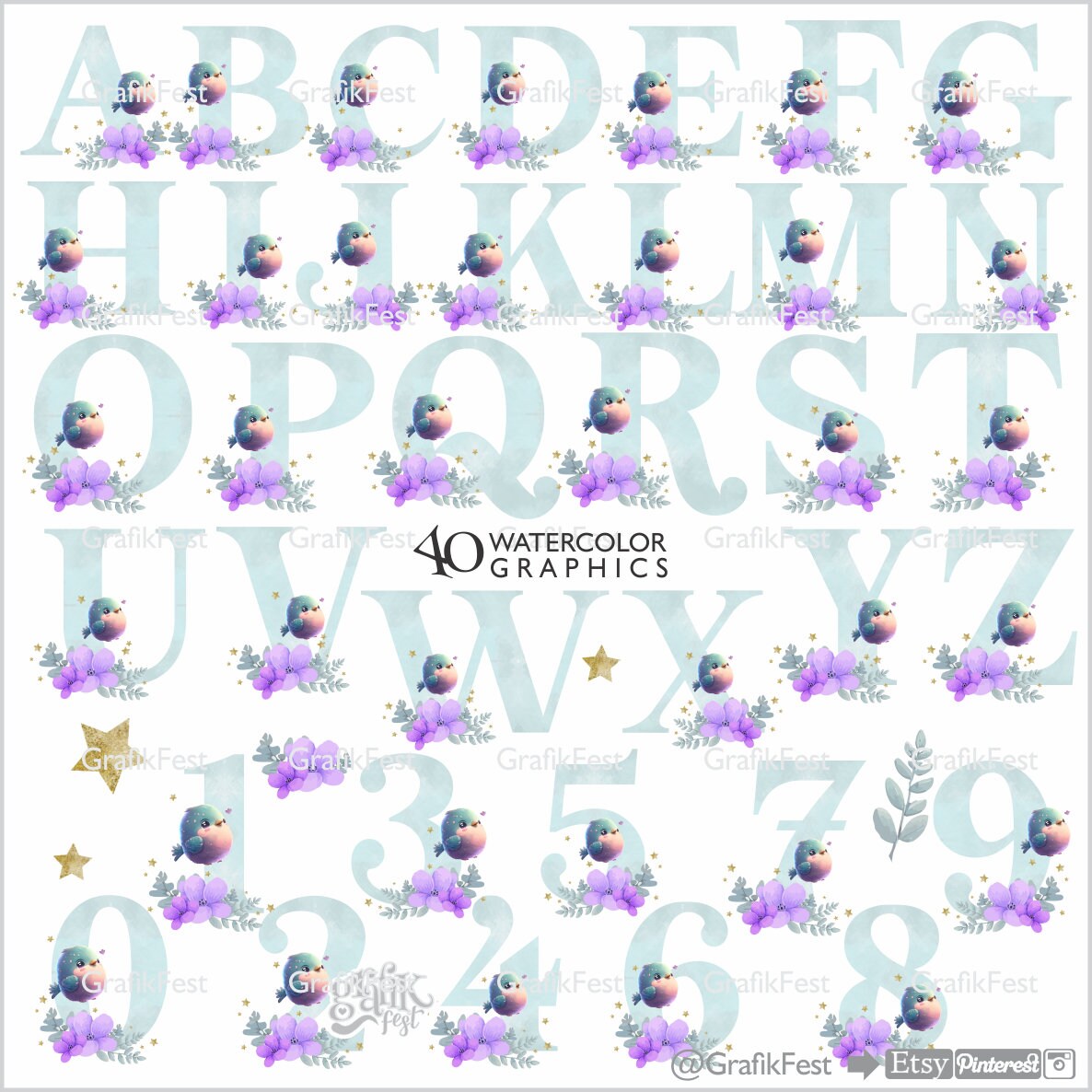 Bird Alphabet Watercolor Alphabet Clipart Number - Etsy