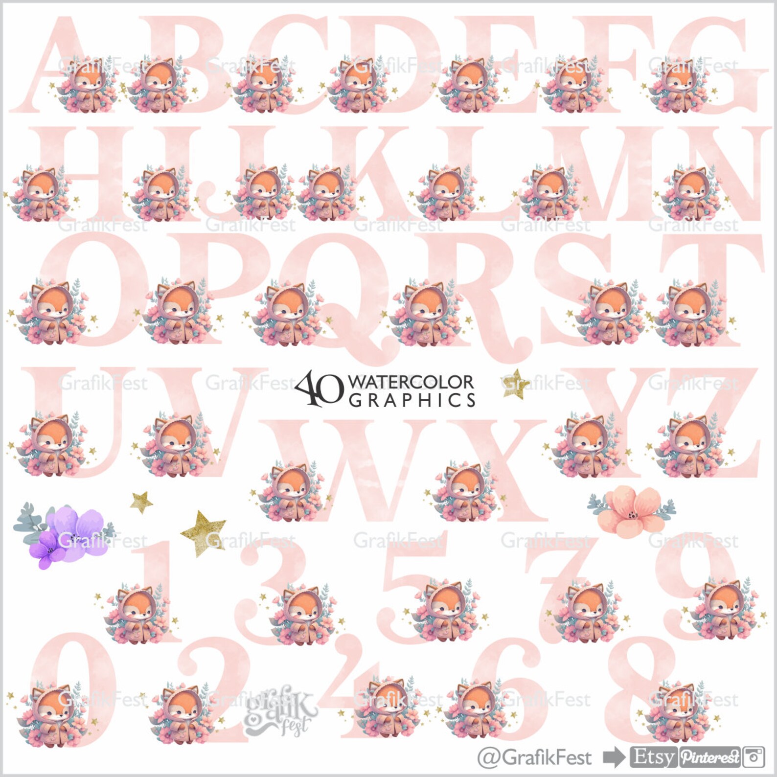 Alphabet, Alphabet Clipart, Fox Alphabet, Girl Alphabet, Watercolor ...