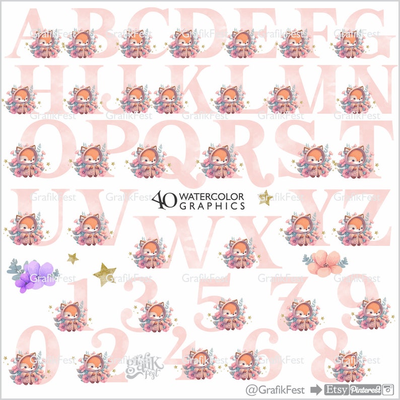 Alphabet, Alphabet Clipart, Fox Alphabet, Girl Alphabet, Watercolor ...