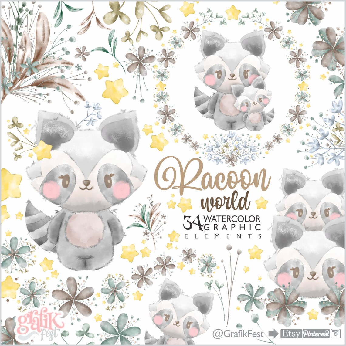 Raccoon Watercolor Raccoon Clipart Animal Clipart Woodland - Etsy