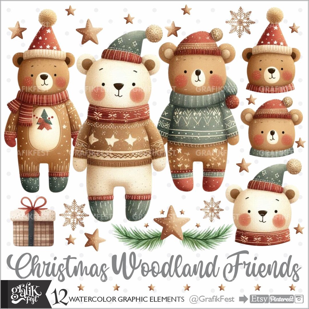 Winter Clipart, Winter Bears, Christmas Clipart, Watercolor, Christmas ...