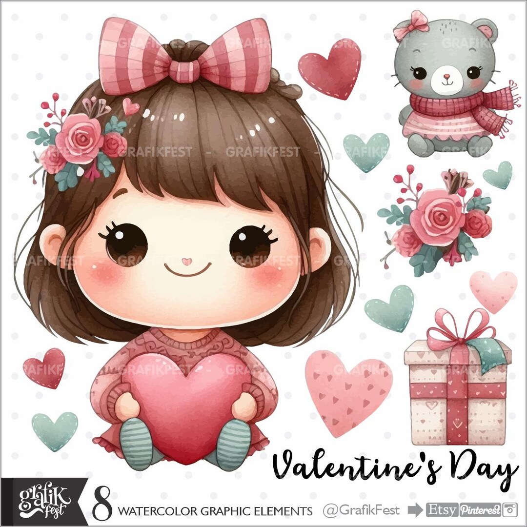 Valentine's Day, Clipart, Love Clipart, Girl With Heart, Pink Girl ...