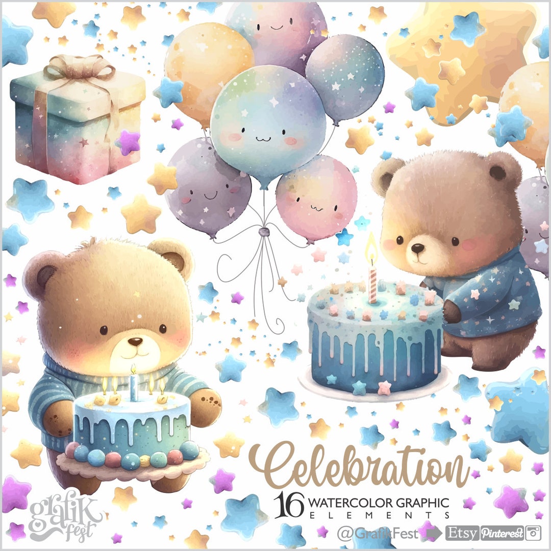 Birthday Clipart, Celebration Clipart, Watercolor, Bear Graphic ...