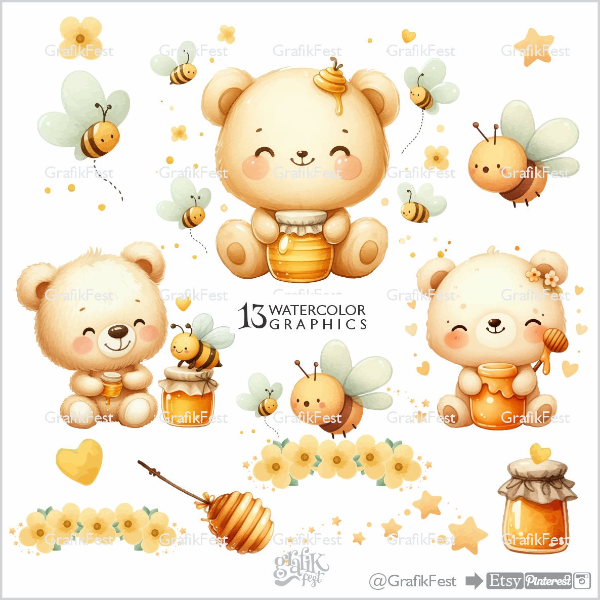 Bee Clipart, Honey Clipart, Bear Clipart, PNG, Cute Illustrations, Bear ...