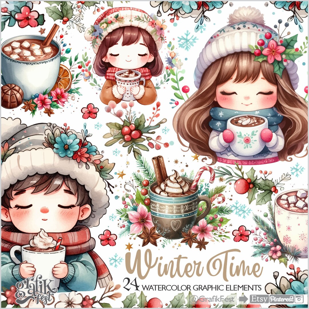 Winter Time, Cliparts, Watercolor, Winter Girls, Winter Boy, Cocoa ...