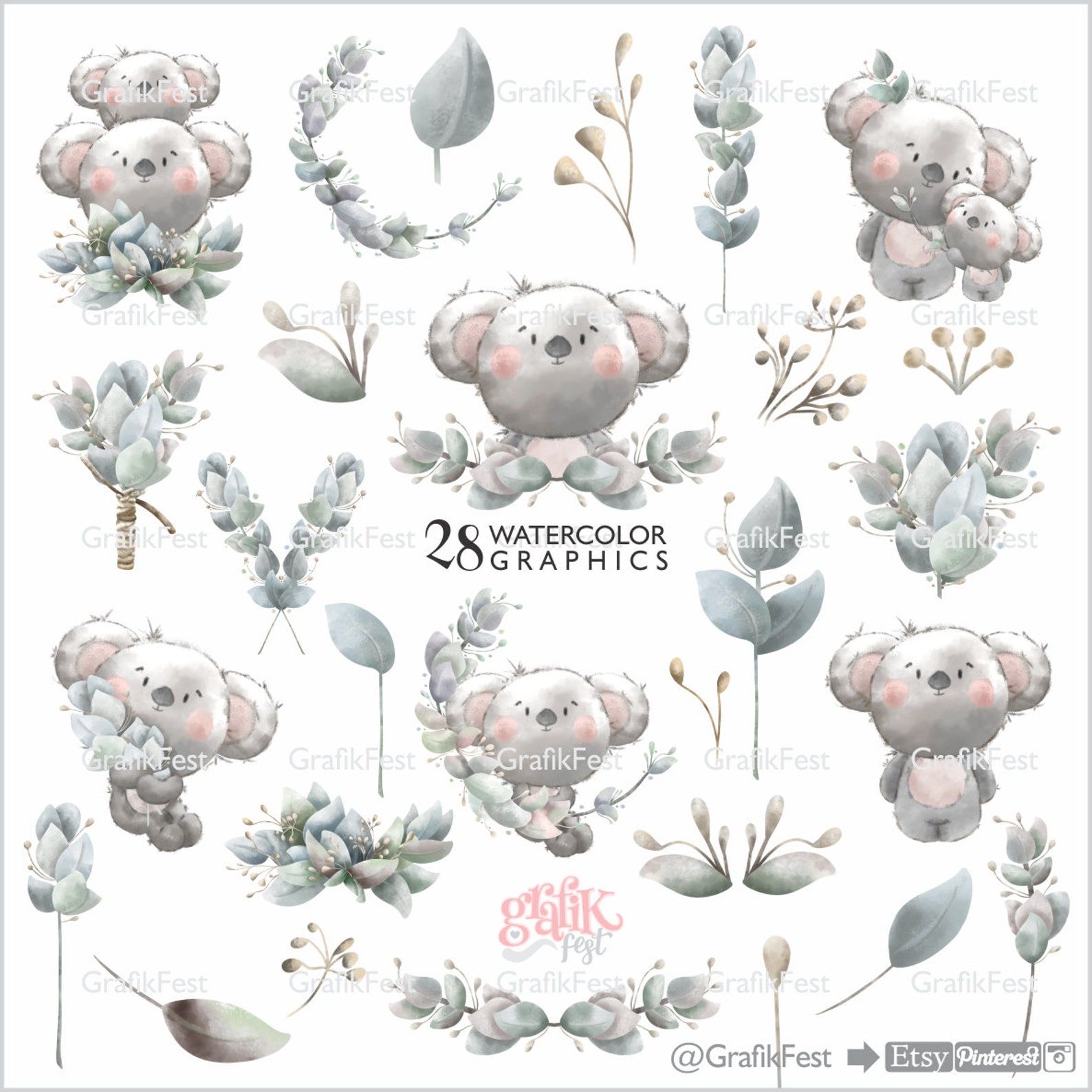 Koala Clipart Koala Watercolor Bear Clipart Bear - Etsy