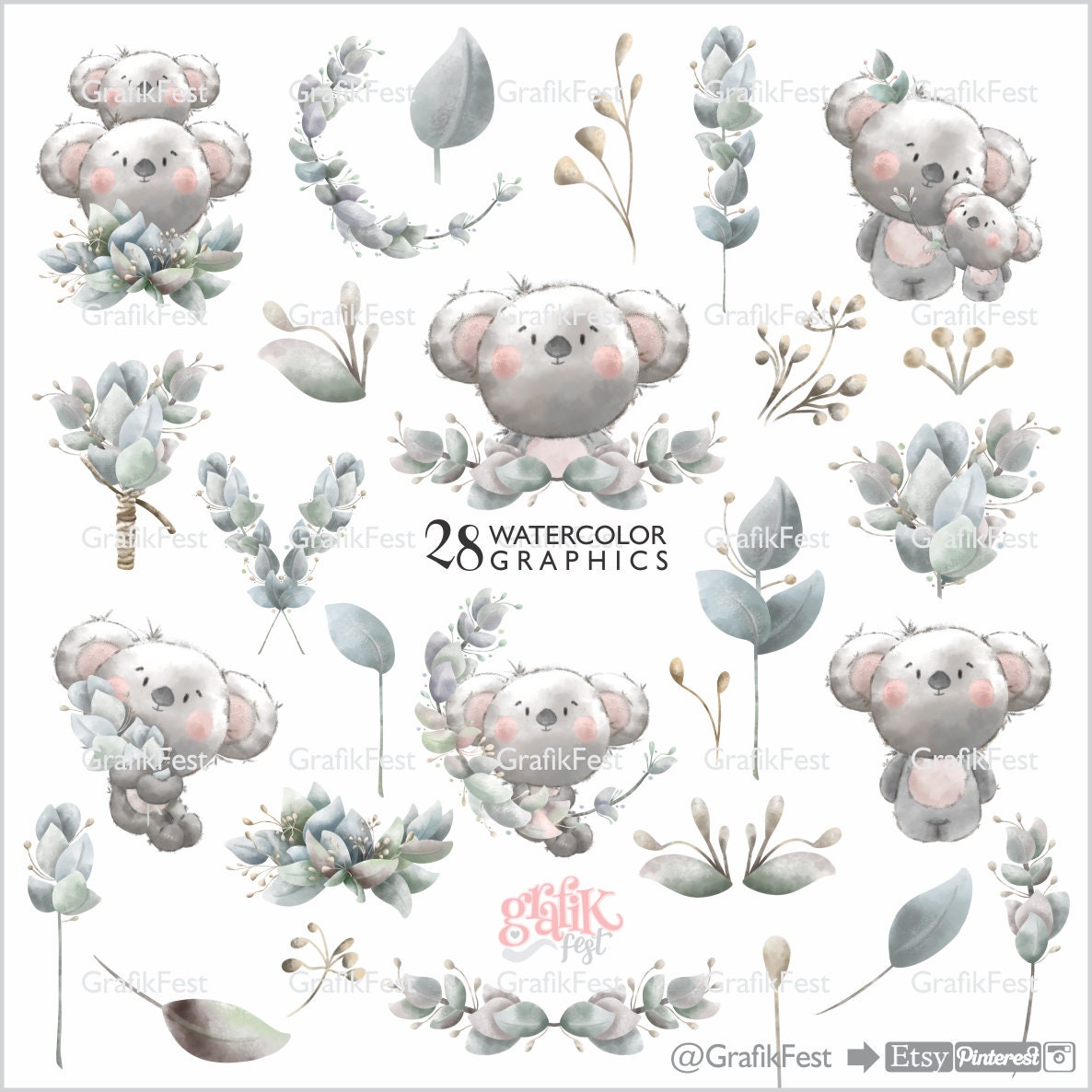 Koala Clipart Koala Watercolor Bear Clipart Bear - Etsy
