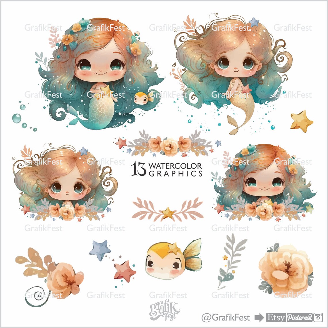Mermaid Clipart Mermaid Graphics Ocean Clipart Mermaid - Etsy